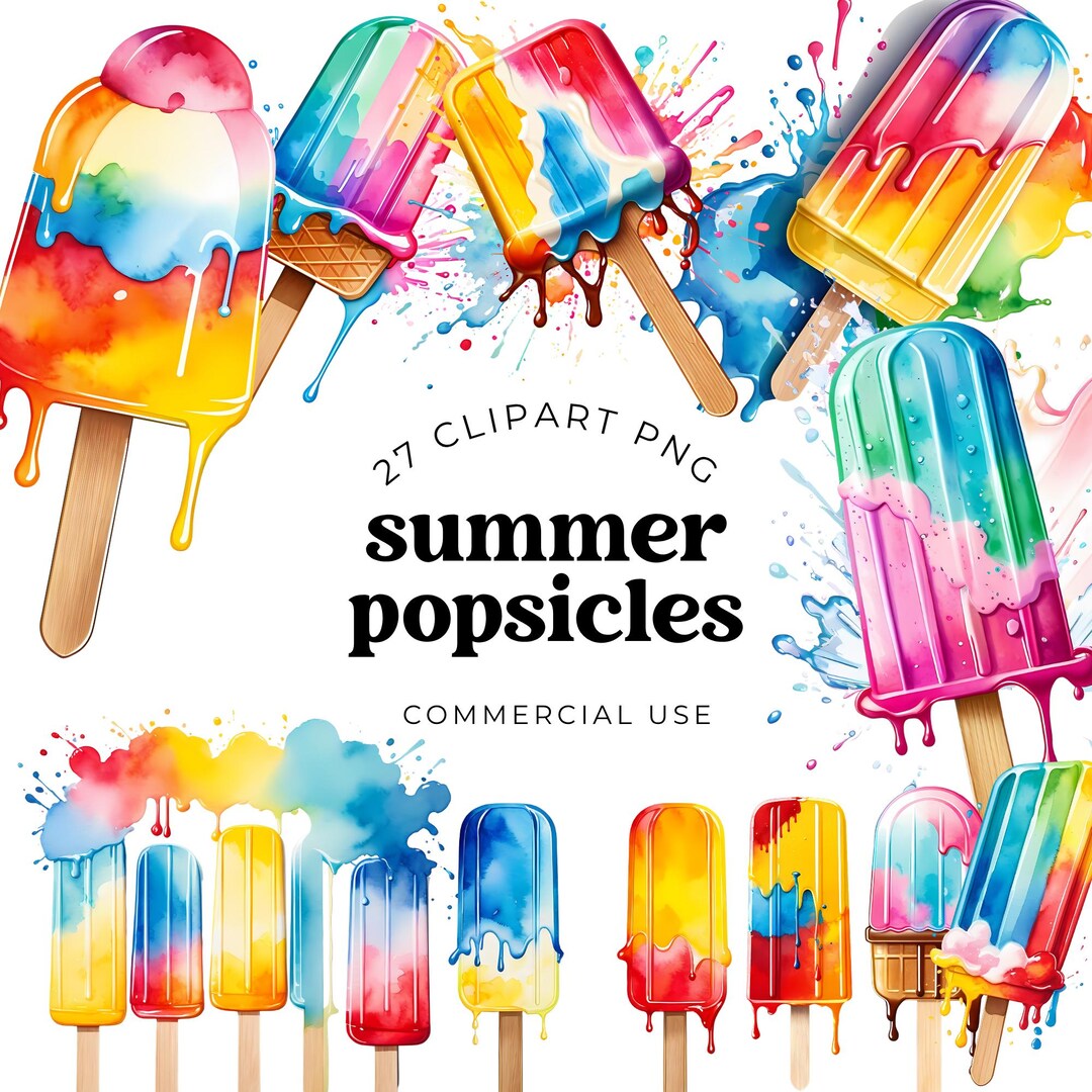 Watercolor Popsicles Clipart, Rainbow Summer Treats PNG JPG SVG, Cute ...