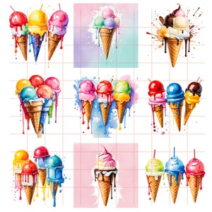 Watercolor Ice Cream Cone Clipart Set, Summer Dessert Illustrations ...