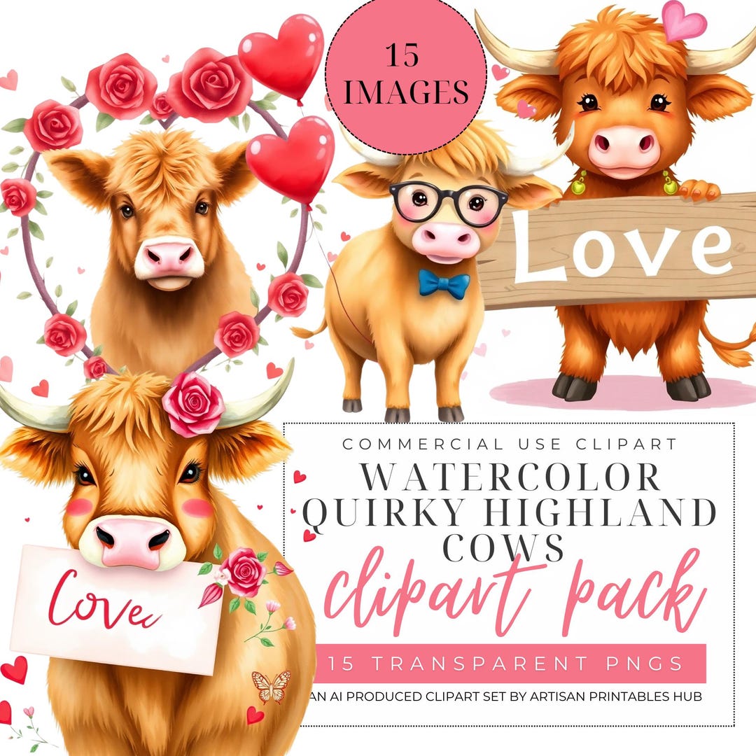 Valentine Highland Cow Clipart Bundle Scottish Highland, Quirky ...