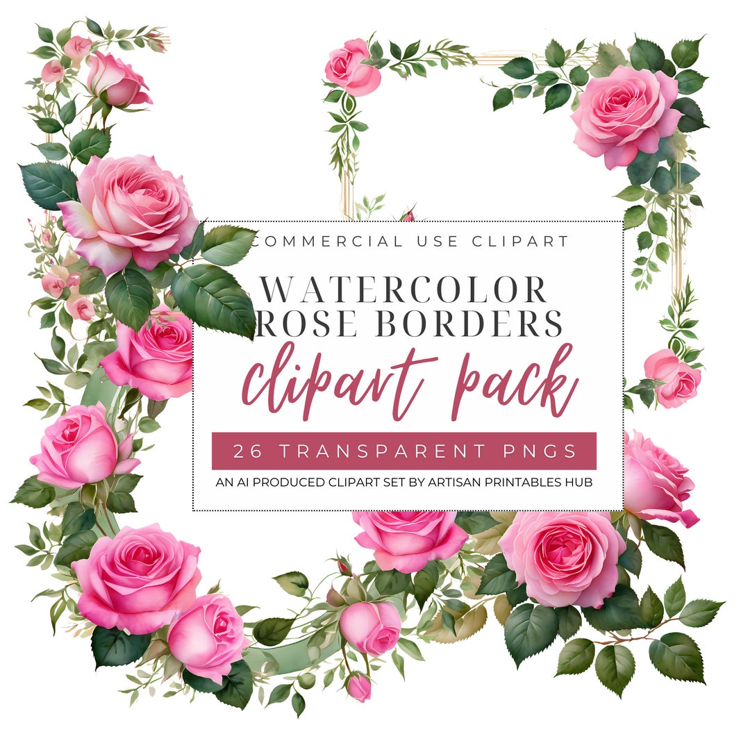 Pink Rose Watercolor Border Clipart: Floral Frames (PNG, JPG, SVG) - Etsy