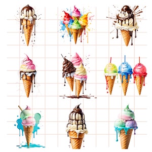 Watercolor Ice Cream Cone Clipart Set, Summer Dessert Illustrations ...