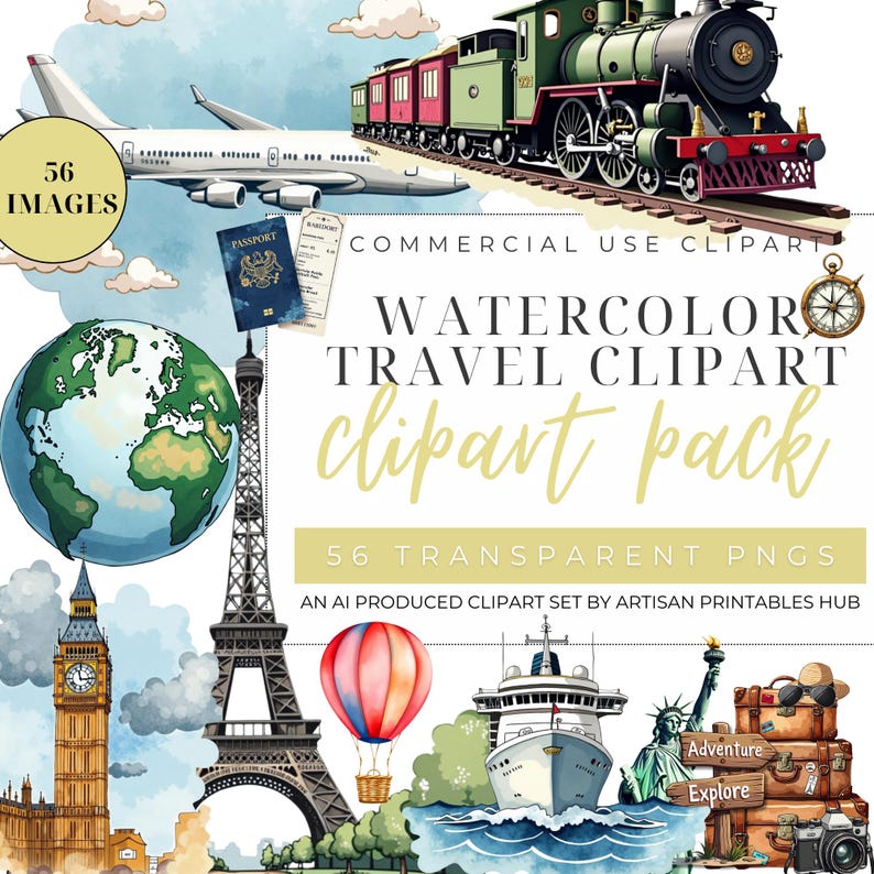 Watercolor Travel Clipart Set, Vintage Travel Illustrations, Luggage ...