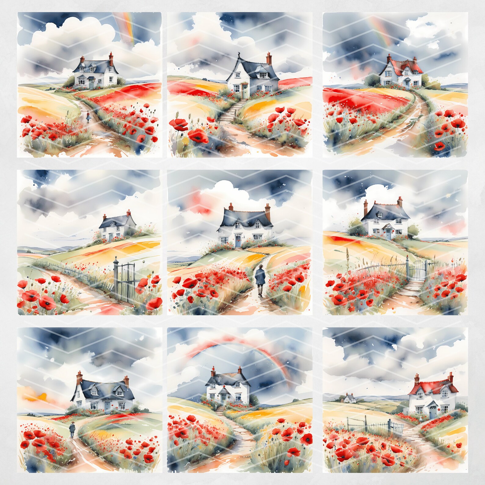Whimsical Watercolor House Clipart, Hill Scene, Rainbow, Trees, Digital ...