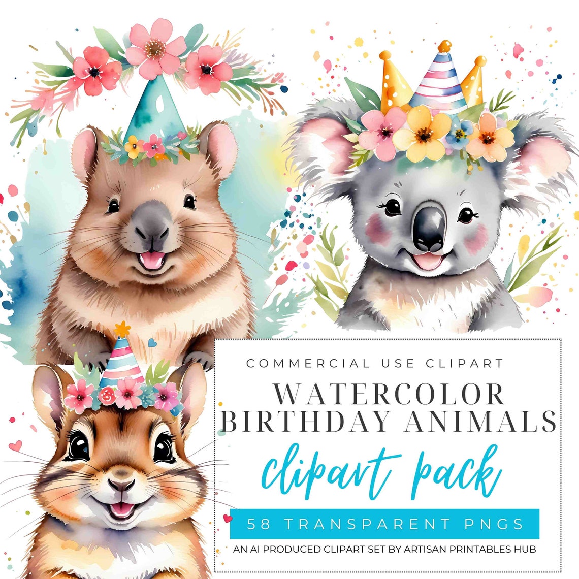 Watercolour Animals Birthday Clipart Bundle, Floral Birthday Clipart ...