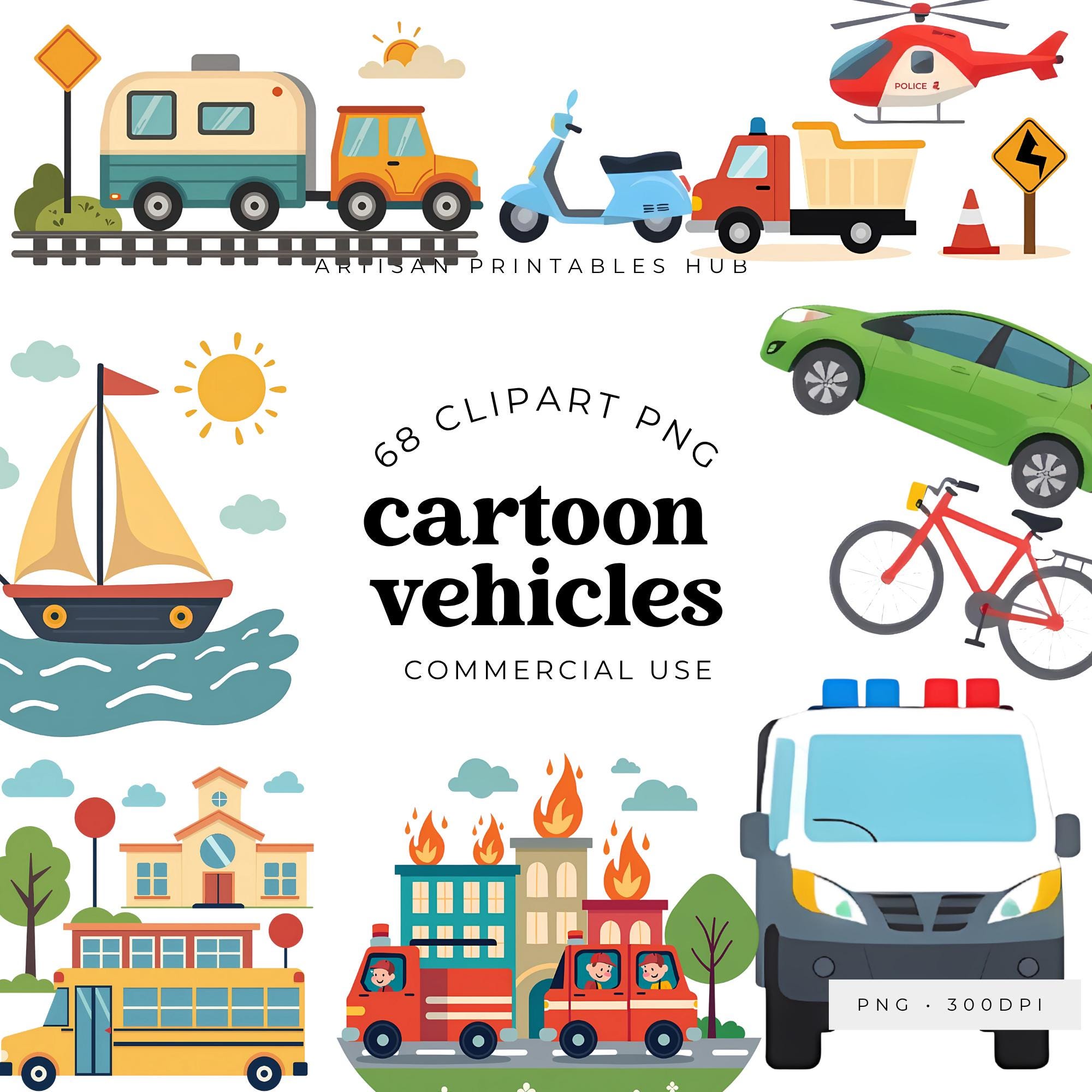 Cartoon Vehicle Clipart Set, Cute Cars Trucks and Transport Pngs for ...