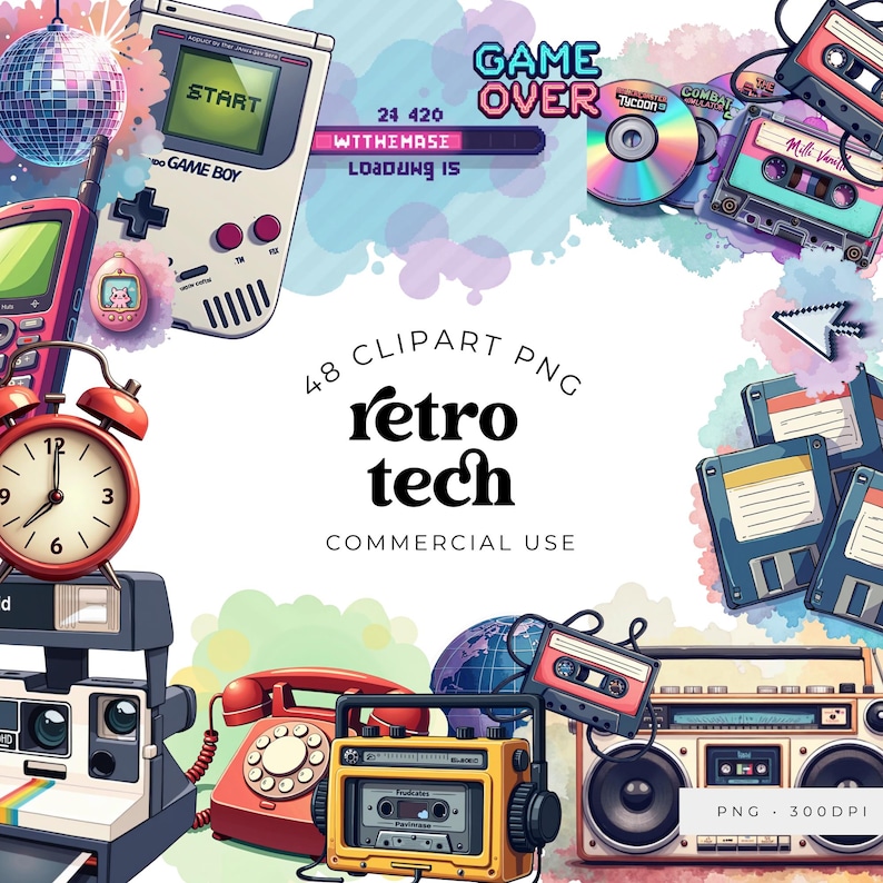 Retro Tech Clipart Watercolor Set, Vintage Electronics Pngs for ...