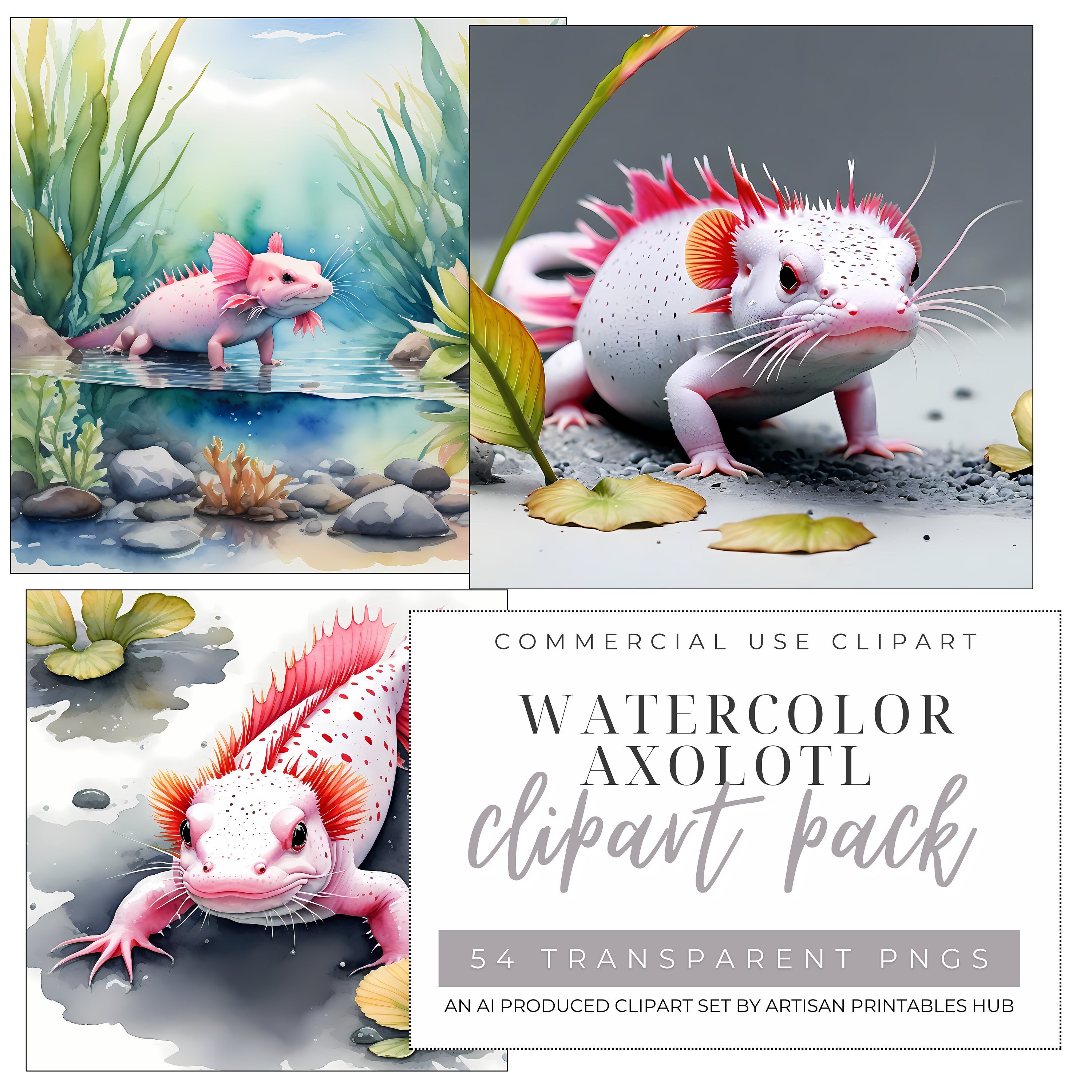 Cute Axolotl Png, Instant Download, Watercolor Axolotl, Watercolor ...