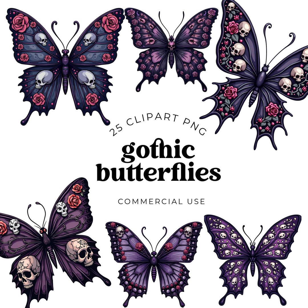 Gothic Butterfly Clipart Set, Purple Skull and Rose Illustrations, Dark ...