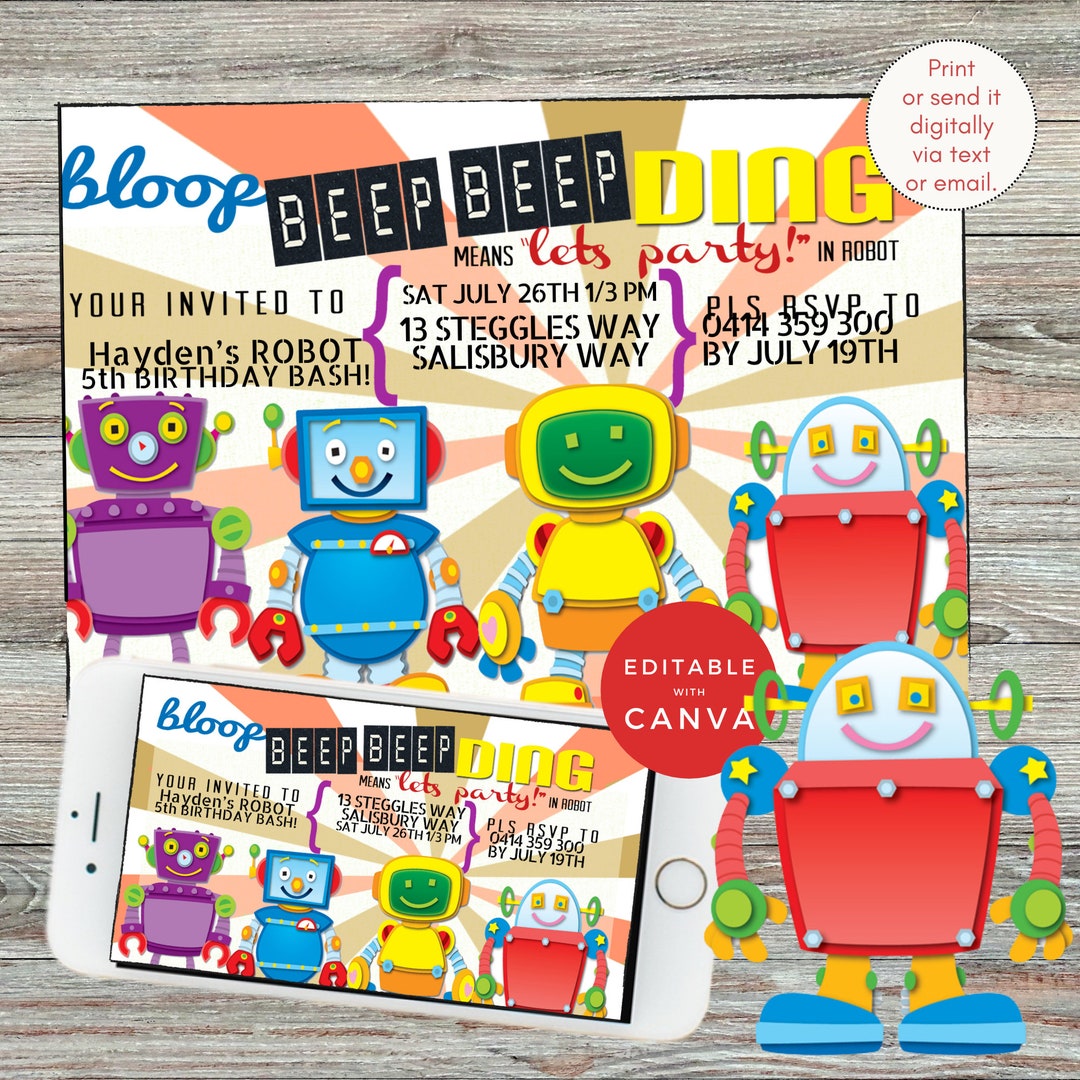 Robot Birthday Party Evite, Robots Party Invite, Robot Birthday ...