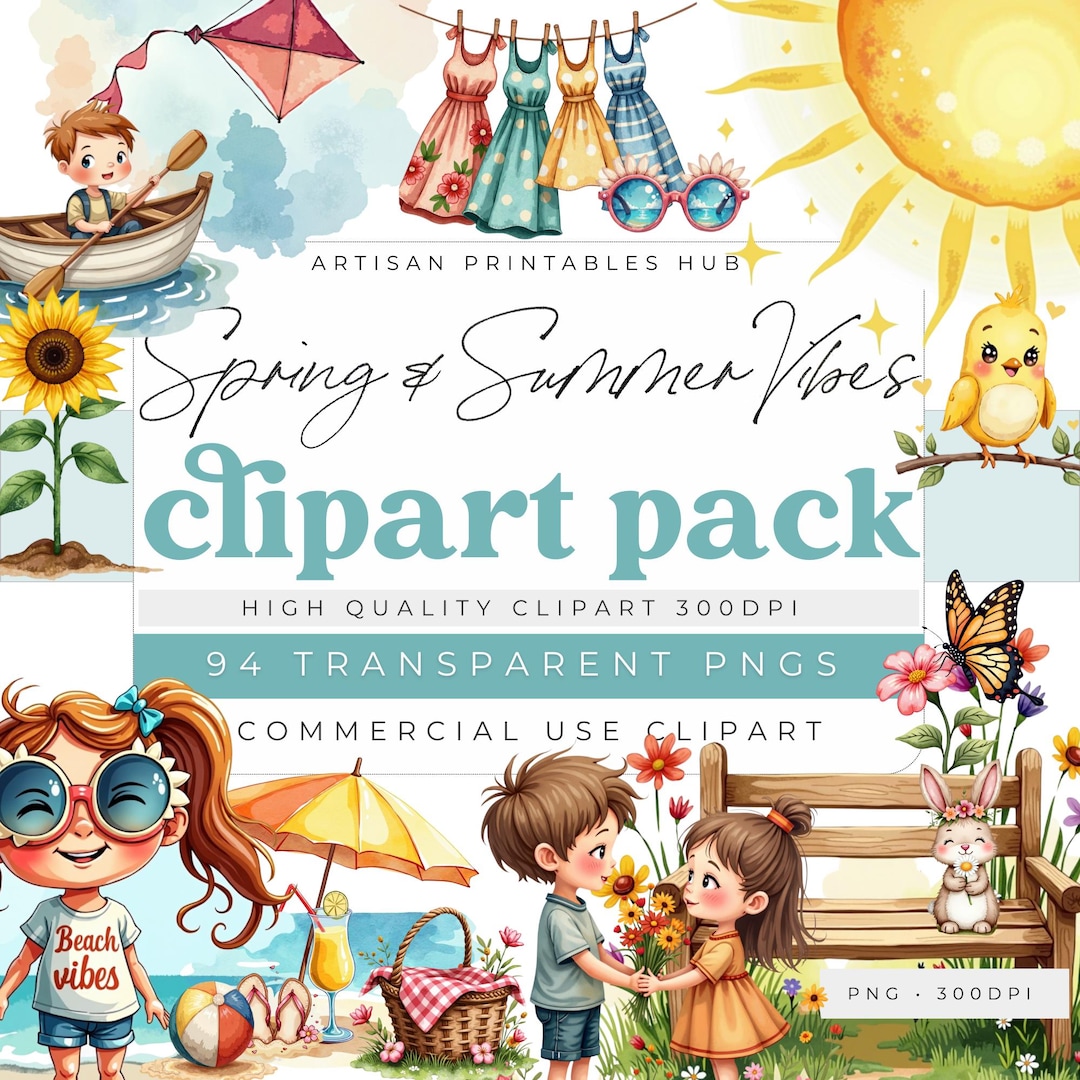 Spring and Summer Clipart Watercolor Set, Whimsical Kids Pngs With ...