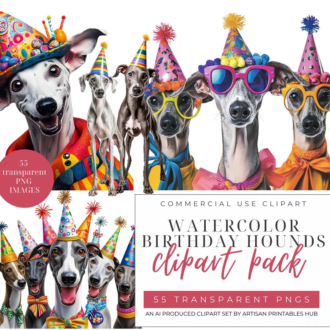 Watercolor Greyhound Birthday Clipart, Bright Party Dogs, Retro Puppy ...