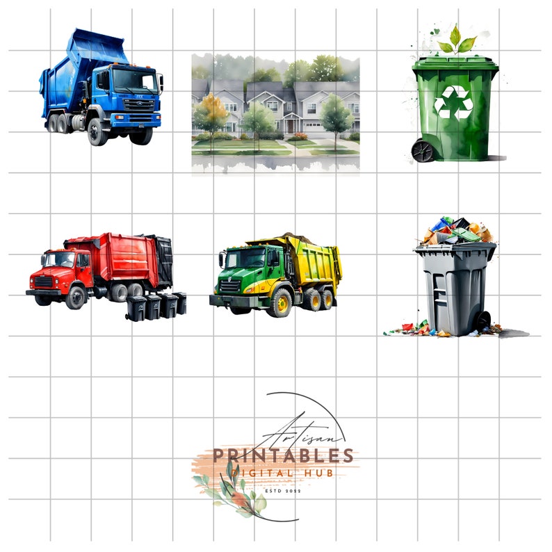 Garbage Truck Clipart Set, Recycling Truck Art PNG for Kids, Digital ...