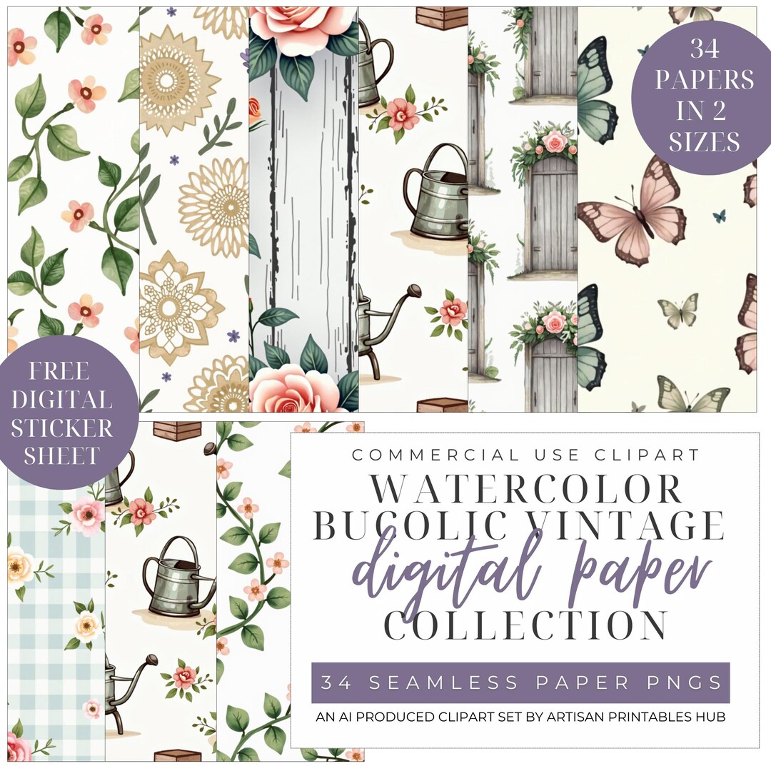 Bucolic Vintage Seamless Digital Paper Pack, Rustic Watercolor Patterns ...