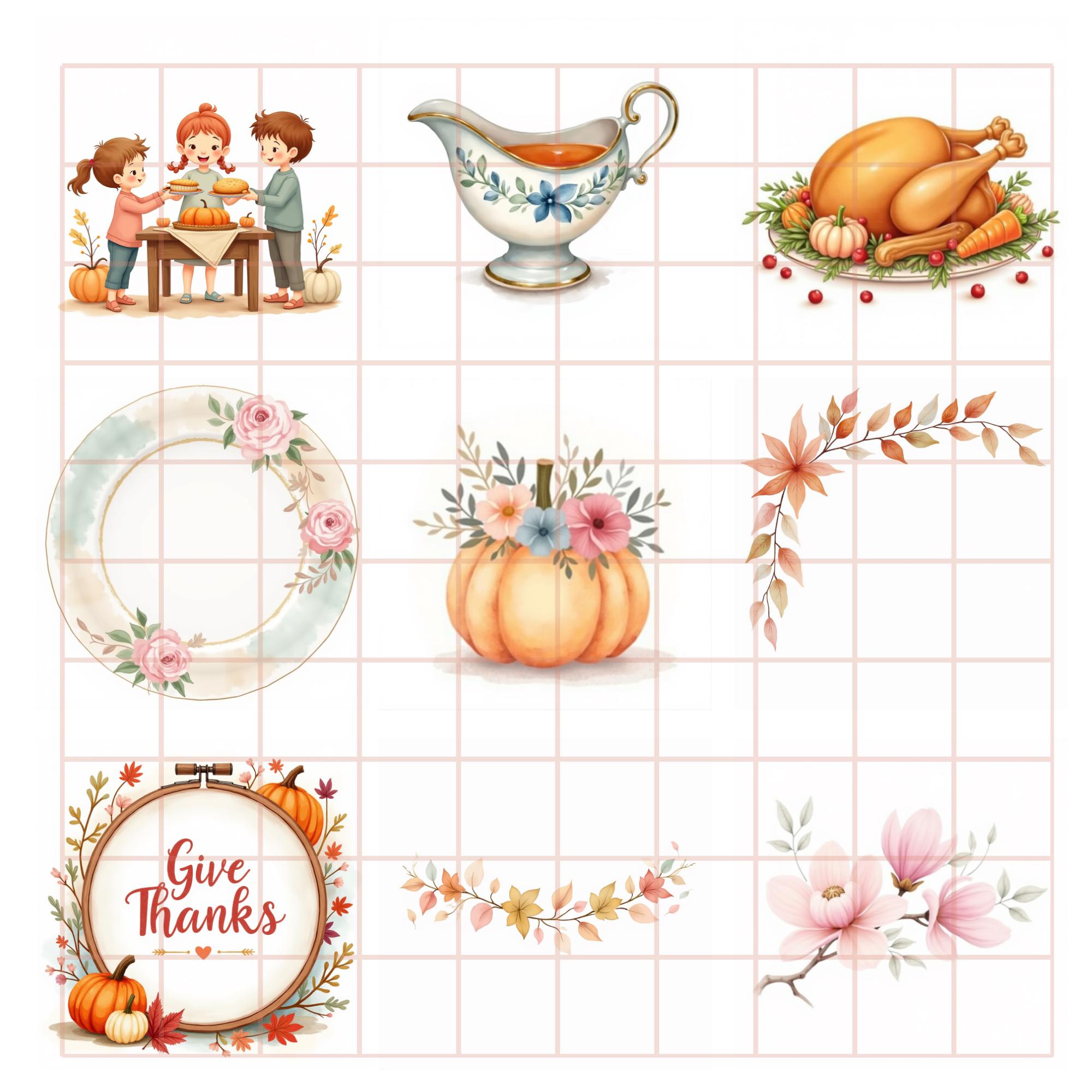 Grandmillennial Thanksgiving Clipart Bundle, Fall Watercolor PNG ...