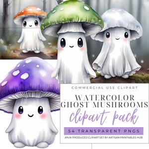 Mushroom Ghost Clipart Set, Spooky Watercolor Halloween Illustrations ...