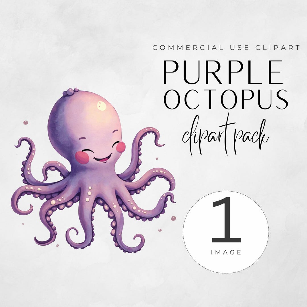 Purple Kawaii Octopus Clipart, Watercolor Style, Cute Sea Animal PNG ...
