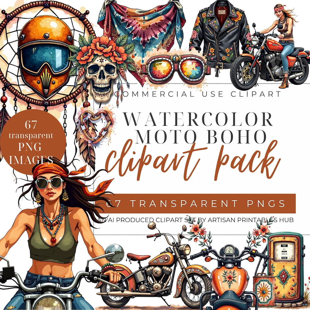 Boho Biker Girl Clipart, Etsy Digital Products Design, Watercolor AI ...