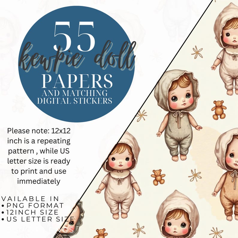 Kawaii Vintage Kewpie Doll Digital Paper Set, 55 Seamless Patterns ...