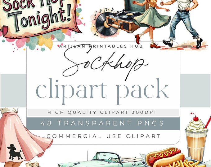 Sock Hop Party Clipart. 50's Retro Diner, Jukebox, Cadillac, Diner Sign ...