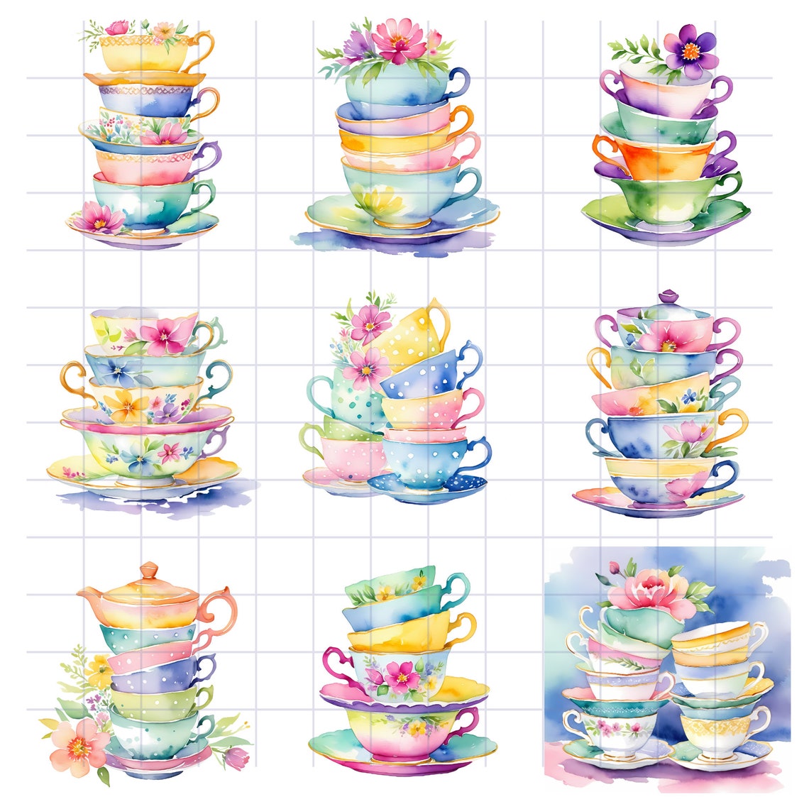 Vintage Teacup Stack Clipart, Floral Stack of Teacups Clipart ...