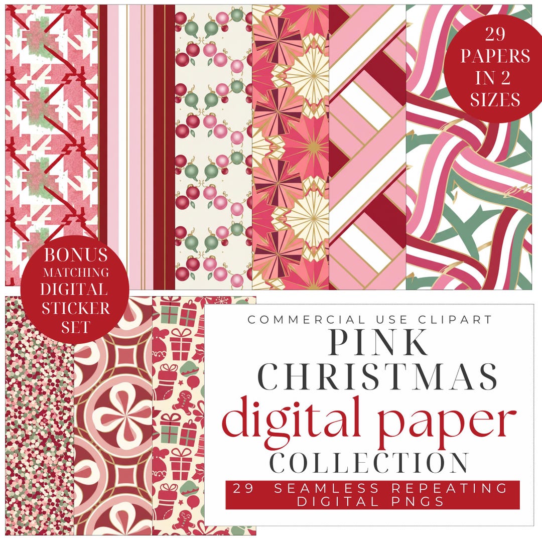Pink Christmas Digital Paper Pack, Junk Journal Pages, Scrapbooking ...