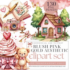 Blush Pink Cottagecore Clipart: Watercolor Florals, Gold Stickers (pngs ...