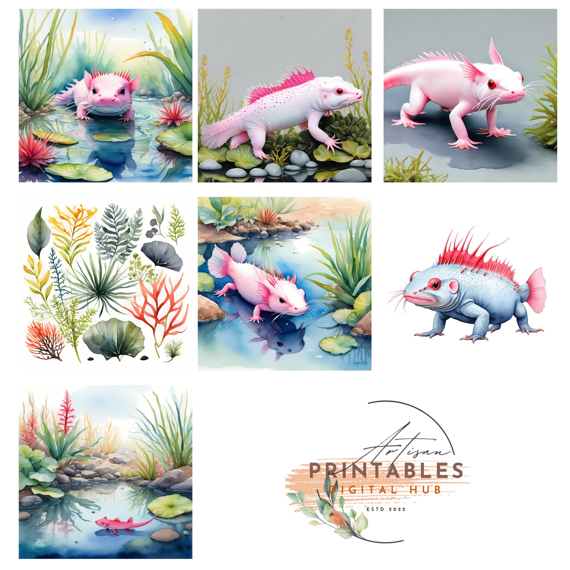 Watercolor Axolotl Clipart Bundle, Cute Salamander Illustrations ...