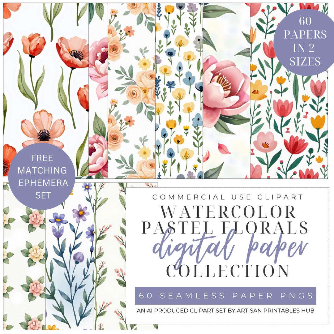 Vintage Watercolor Floral Digital Paper, Seamless Shabby Chic Patterns, Printable for Journals ...