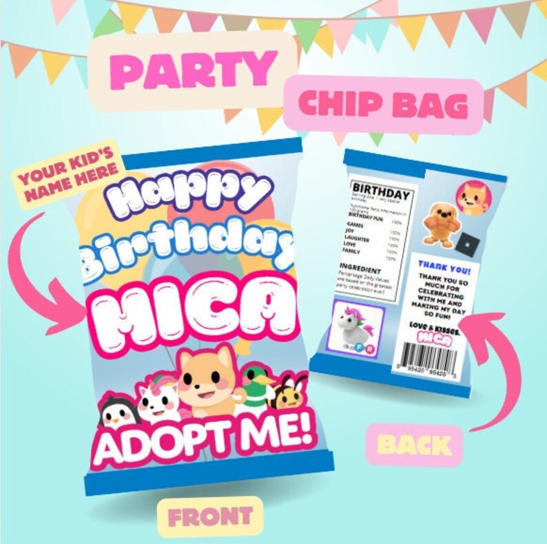 Adopt Me Roblox Themed Kiddie Birthday Party Invitation and Chip Treats ...