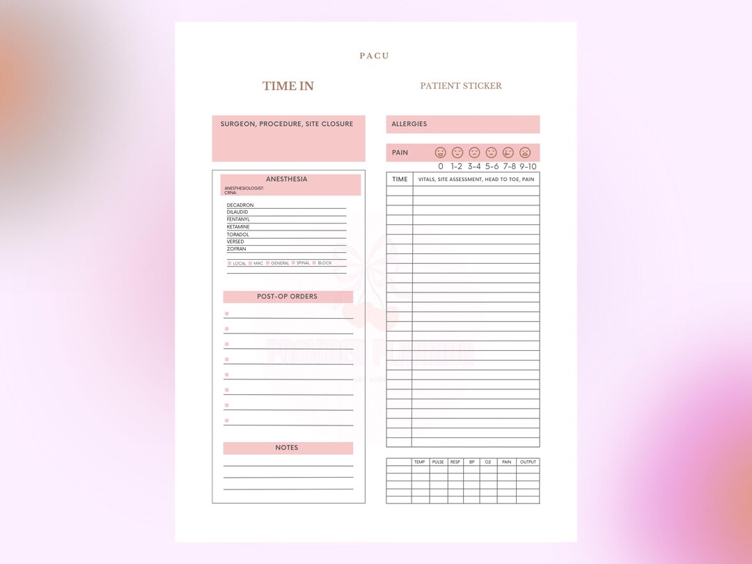 PACU Nurse Report Sheet (red) | Post-op Recovery Room Template ...