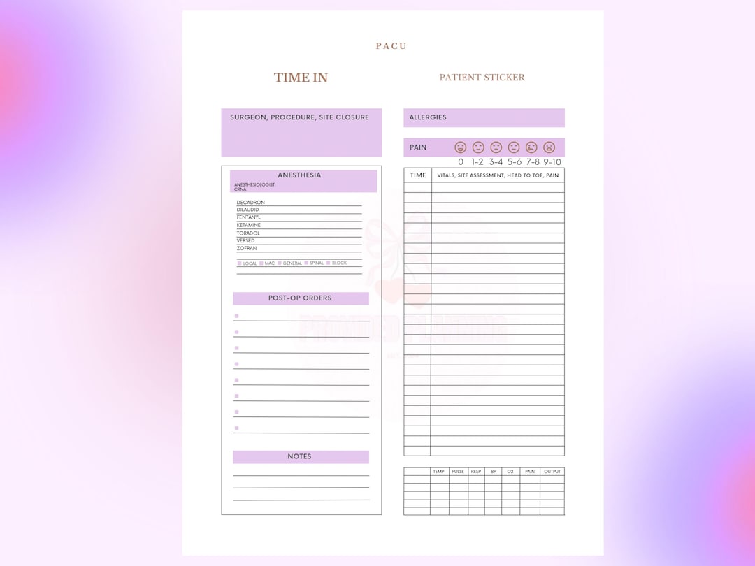 PACU Nurse Report Sheet (purple) | Post-op Recovery Room Template ...