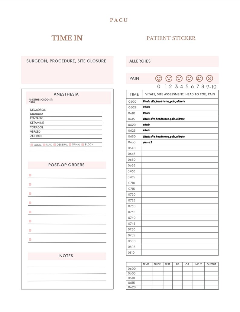 PACU Nurse Report Sheet (pink) | Post-op Recovery Room Template ...