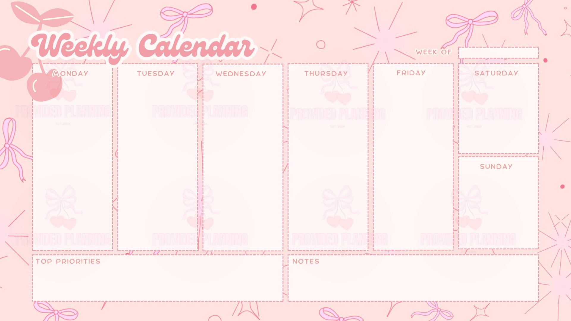Aesthetic Pink Weekly Planner | Digital Weekly Calendar Template | Cute ...