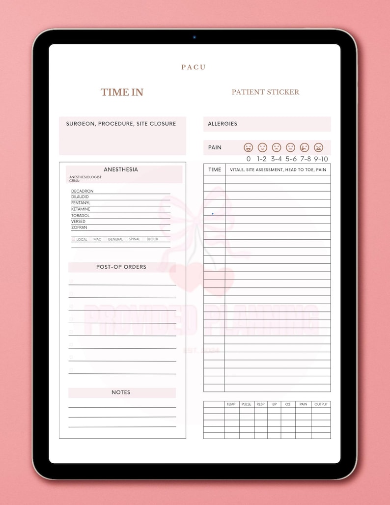 PACU Nurse Report Sheet (pink) | Post-op Recovery Room Template ...