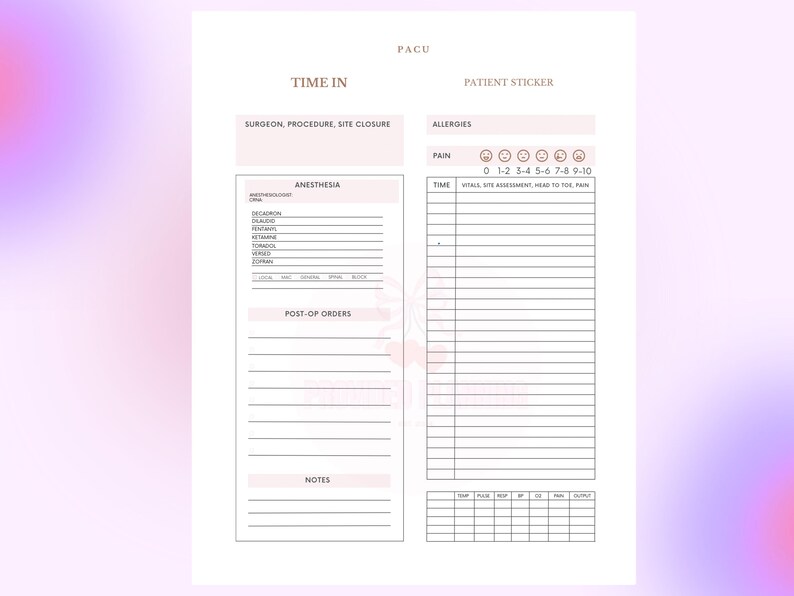 PACU Nurse Report Sheet (pink) | Post-op Recovery Room Template ...