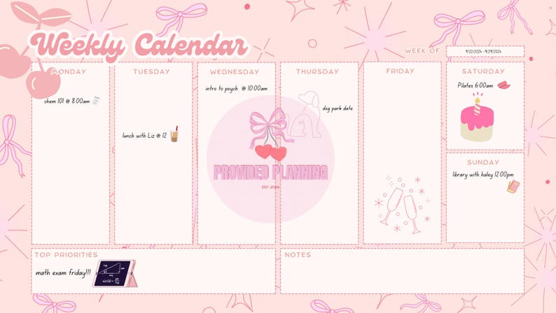 Aesthetic Pink Weekly Planner | Digital Weekly Calendar Template | Cute ...