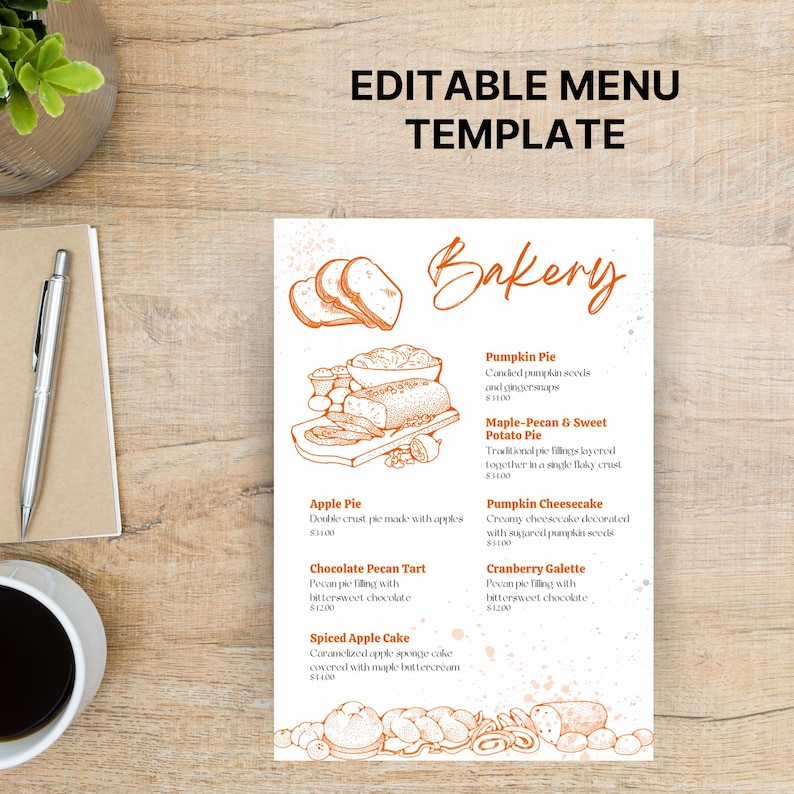 Hand-drawn Bakery Menu Template | Customisable Canva Template for Cafes ...