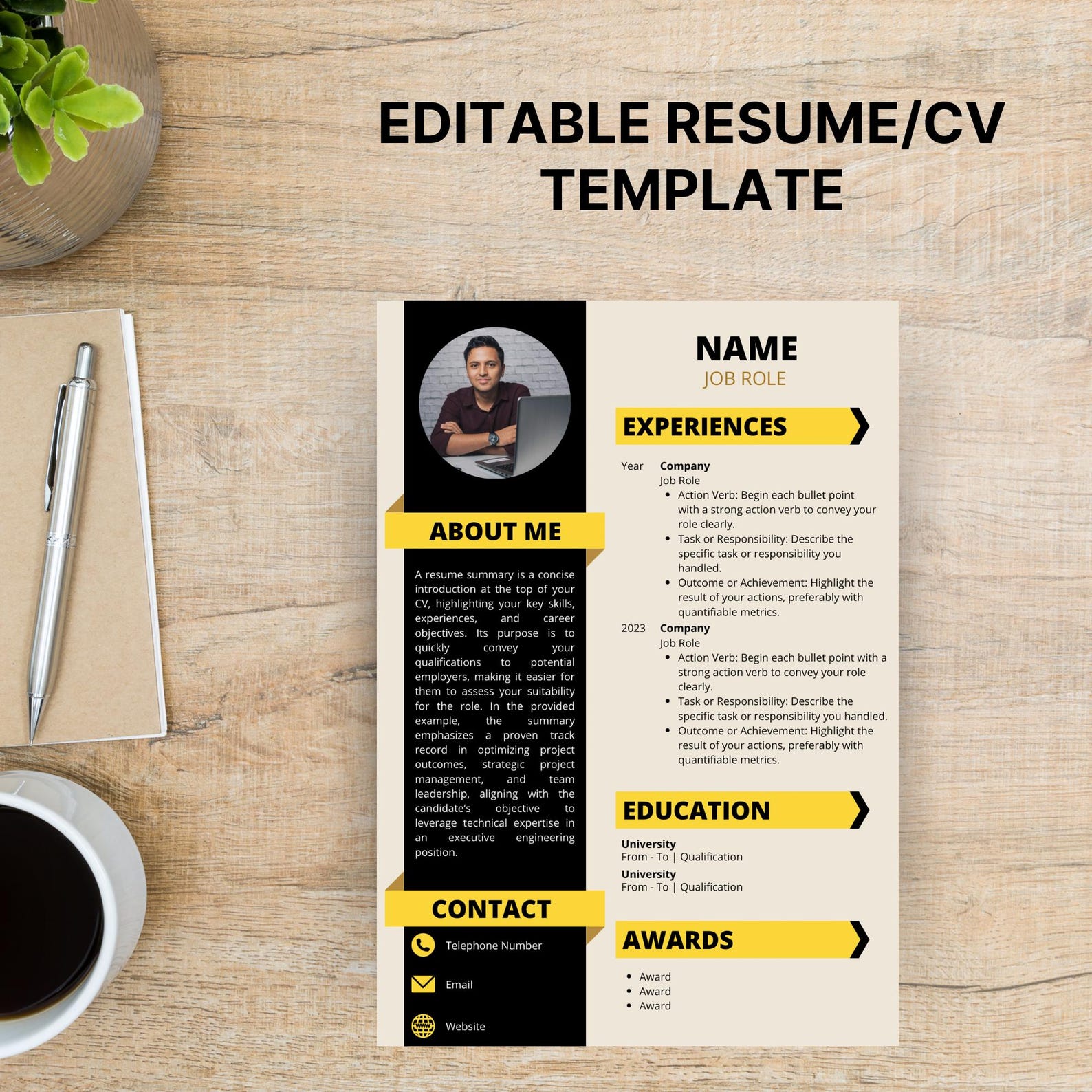 Professional CV Template | Bold Canva Resume Template | Editable Black ...