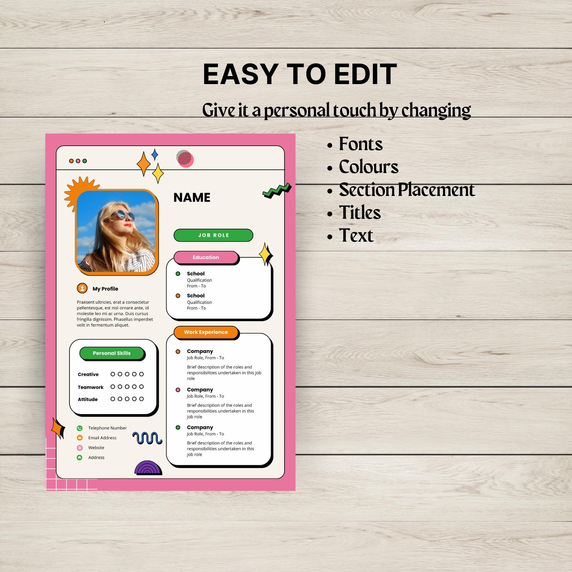 Editable Retro CV Template | Fun Canva Resume Template | Colourful ...