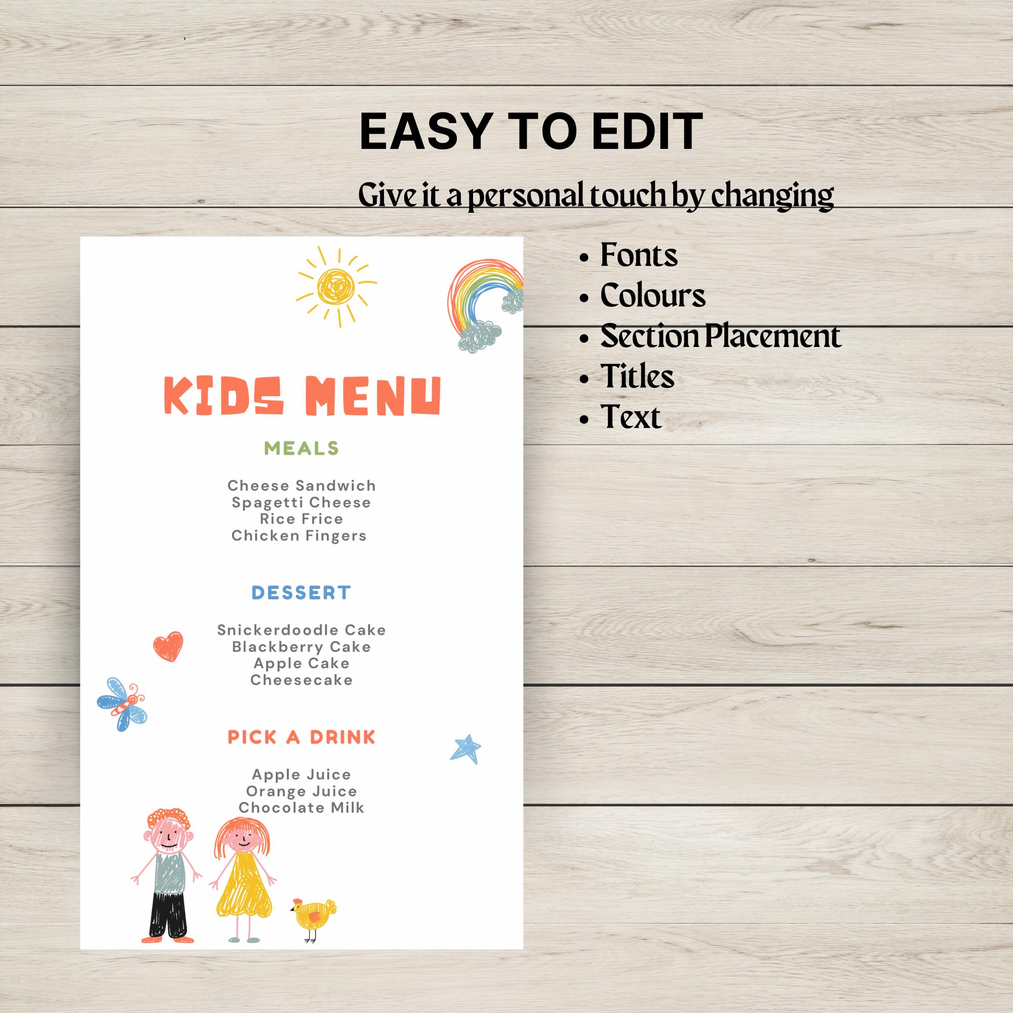 Fun Kids Menu Template | Customisable Canva Template for Restaurants ...