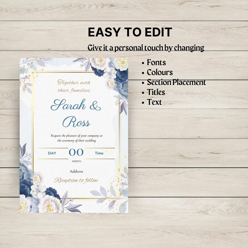 Blue & Gold Floral Wedding Invitation Template (canva Editable ...
