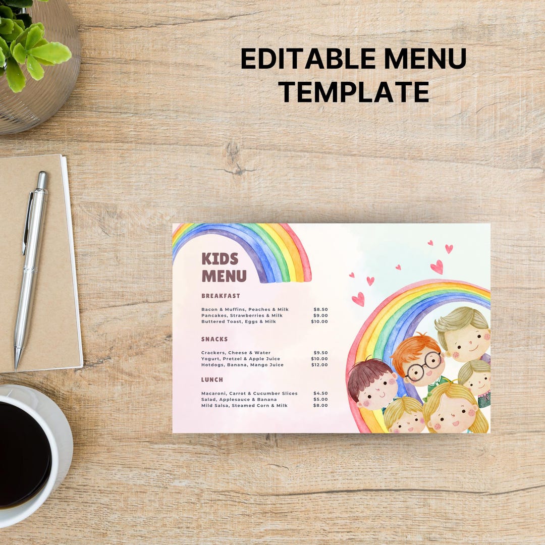 Whimsical Kids Menu Template | Editable Canva Design for Family ...