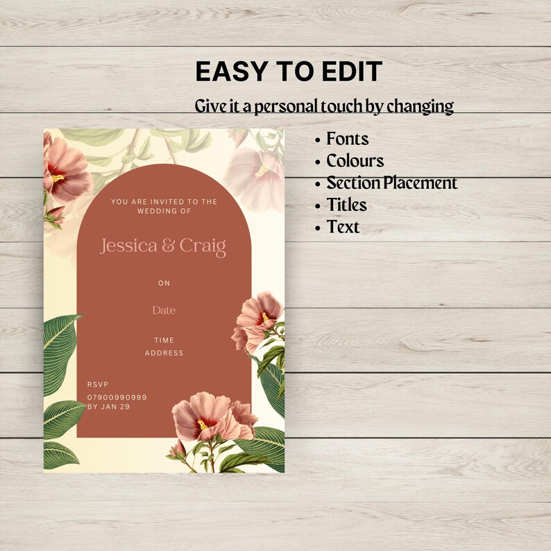 Rustic Floral Wedding Invitation | Canva Template | Printable Custom ...