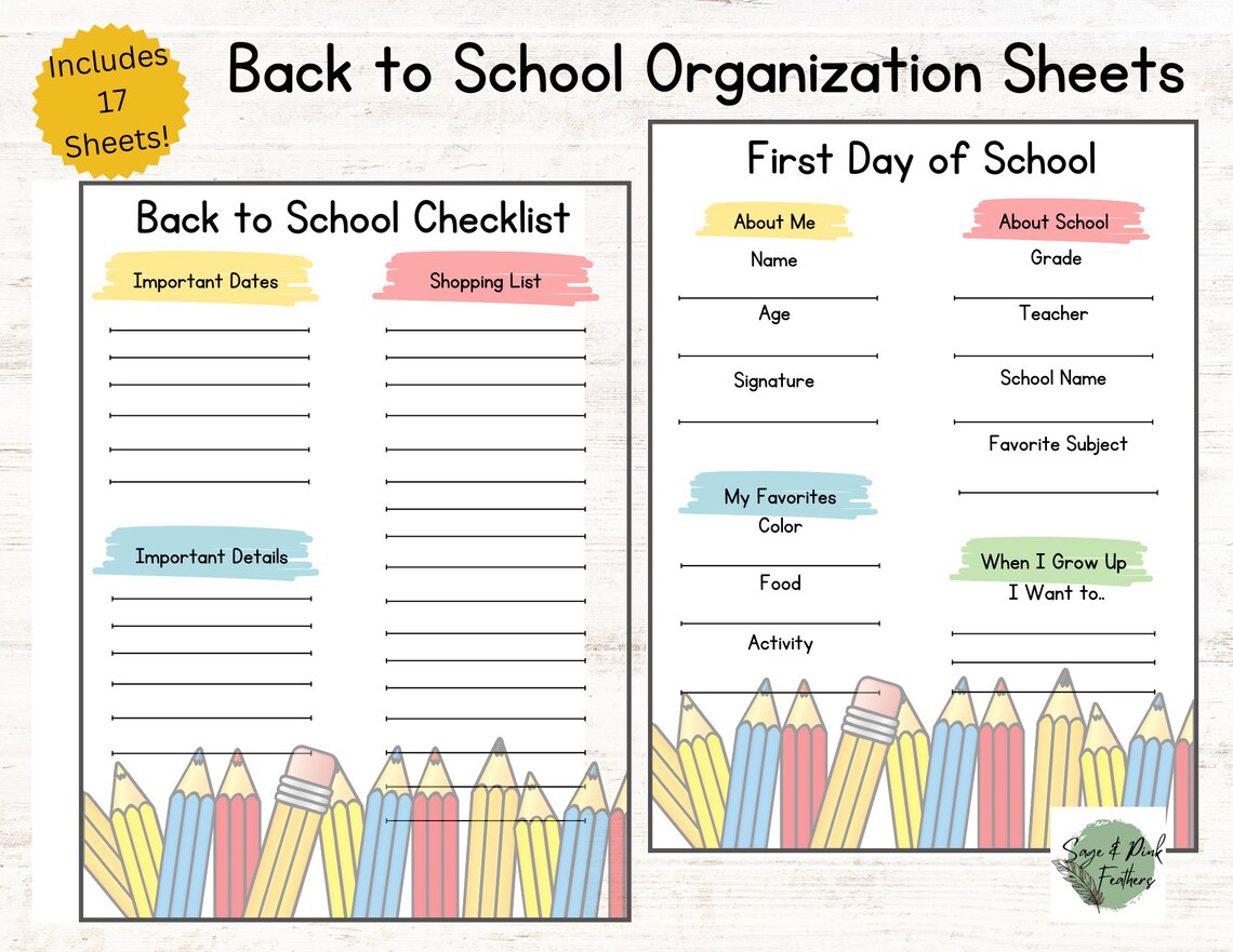 Back to School Organizer Printable Pack - 17 Sheet - Digital File - Etsy