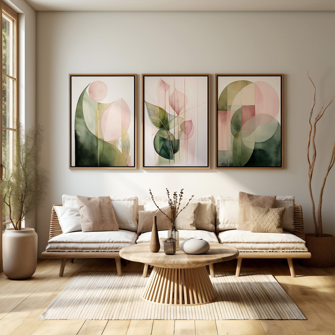 Boho Set of 3 Prints_abstract, Botanical, Modern Wall Art, Green/pink ...