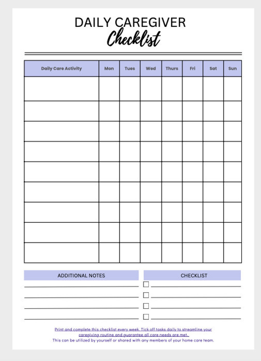 Daily Care Template for Caregivers - Etsy