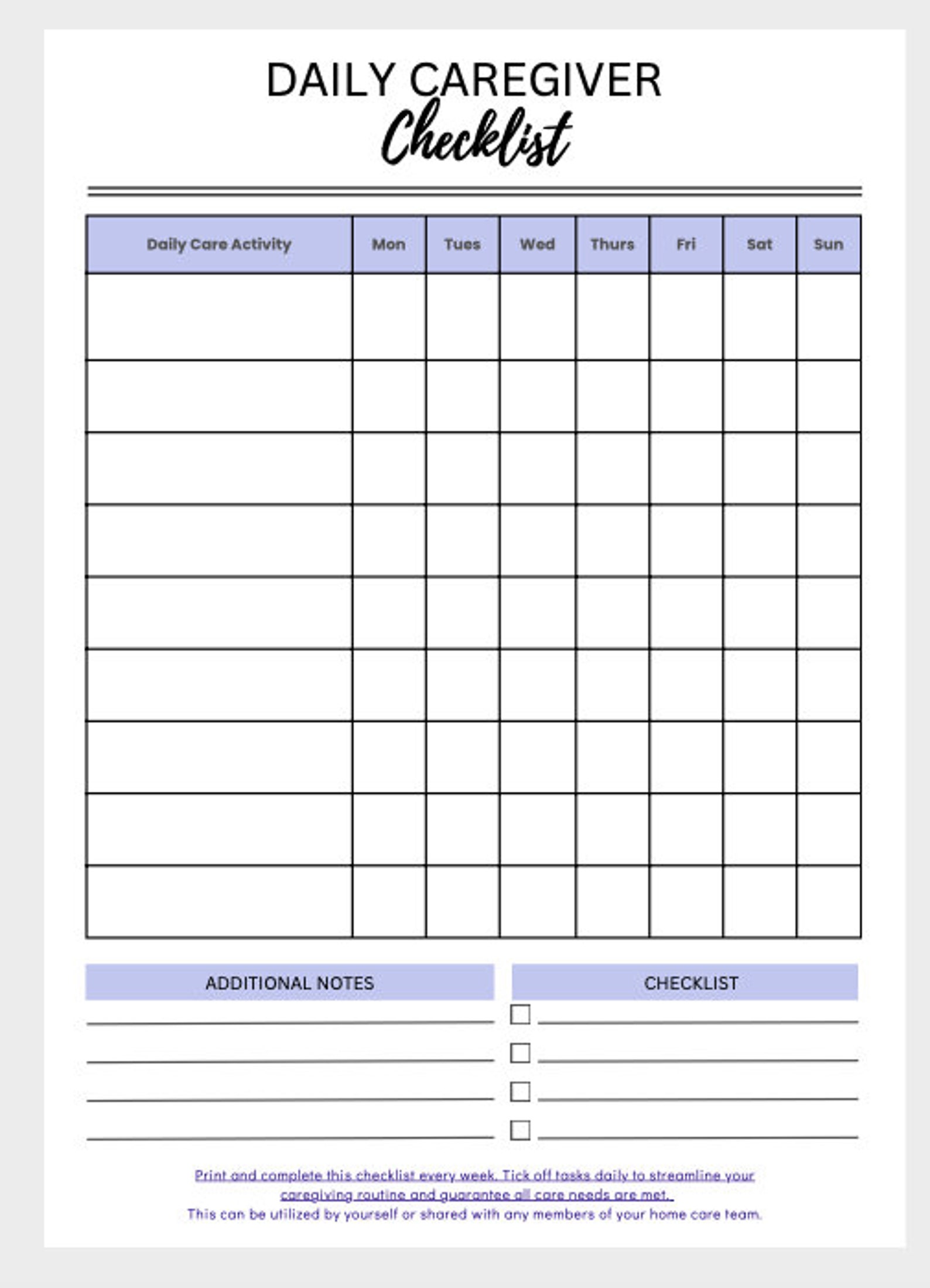 Daily Care Template for Caregivers - Etsy