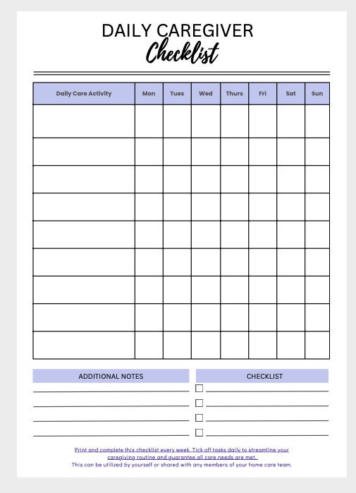 Daily Care Template for Caregivers - Etsy