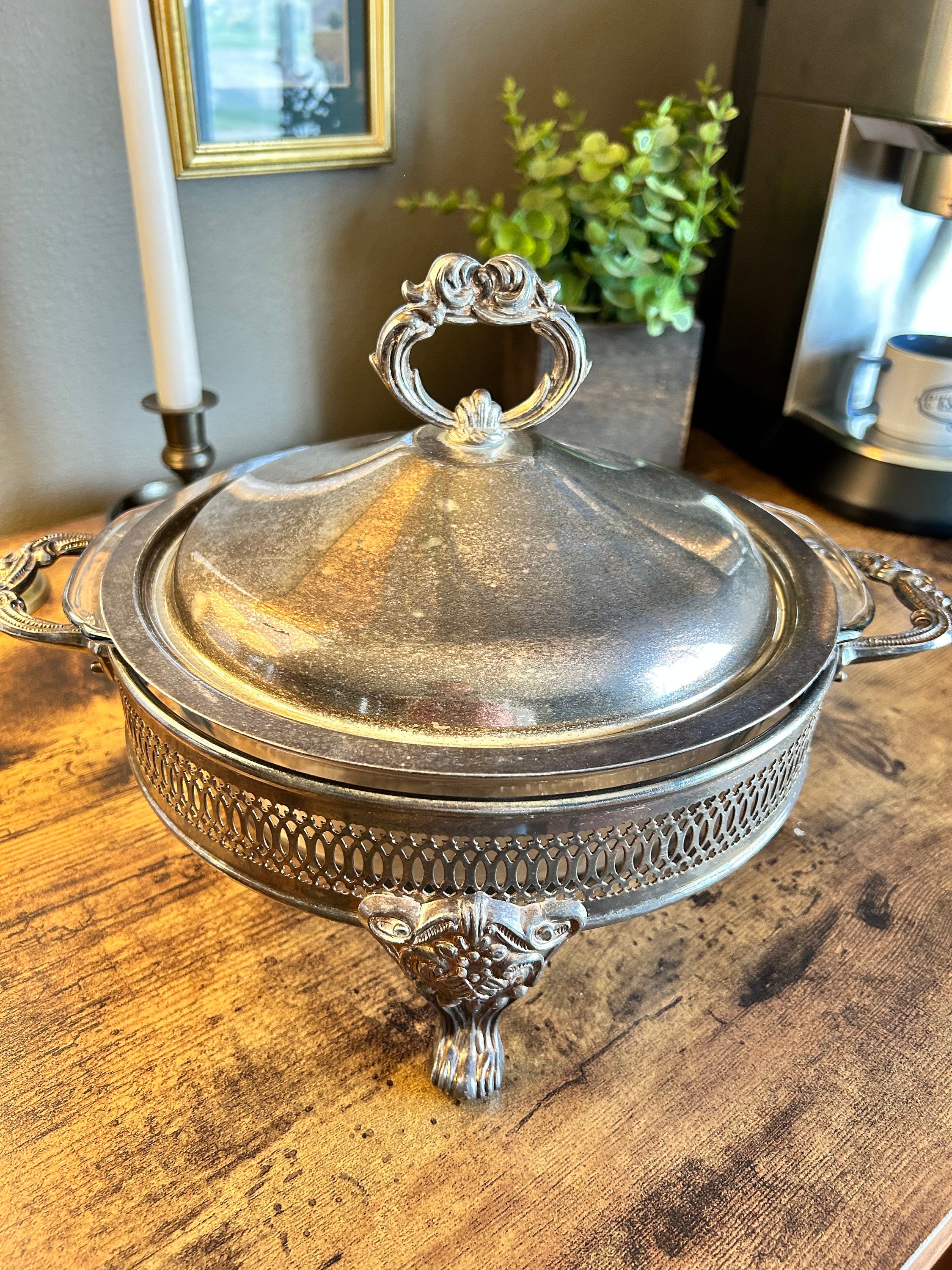 Vintage Silver Plated Elegant Chafing Dish W/ Pyrex Glass Warming ...
