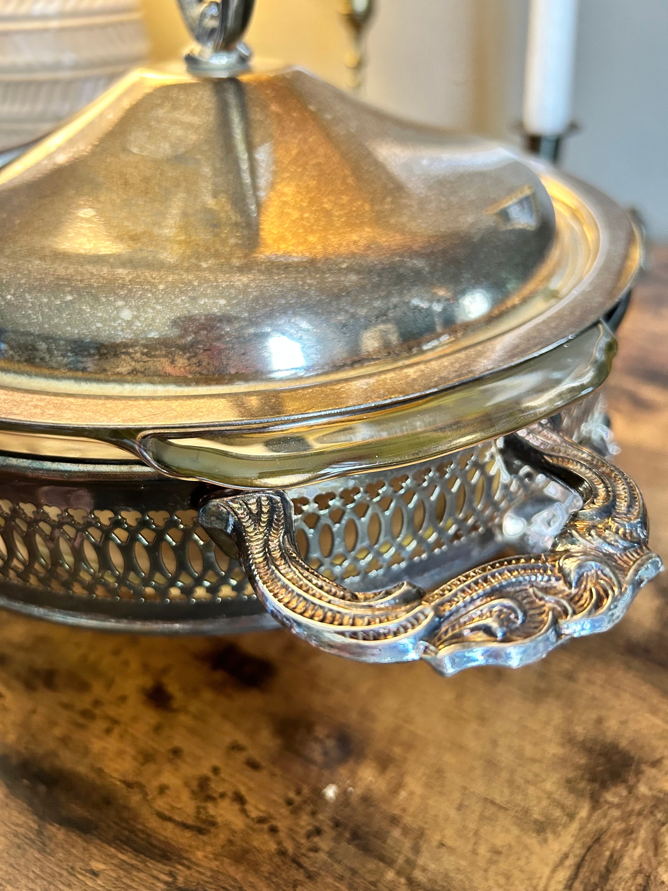 Vintage Silver Plated Elegant Chafing Dish W/ Pyrex Glass Warming ...